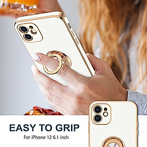 Hython Case for iPhone 12 Case with Ring Stand [360° Rotatable Ring Holder Magnetic Kickstand] [Soft Microfiber Lining] Plating Rose Gold Edge Shockproof Protective Phone Cases Cover for Women, White