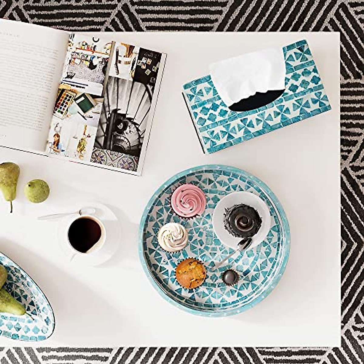 Mother of Pearl Inlay Round Serving Tray | Coffee Table Wooden Tray w Insert Handles - Luxury Decorative Platters for Party, Dinner, Breakfast in Bed - by MadeTerra (Round-Teal)