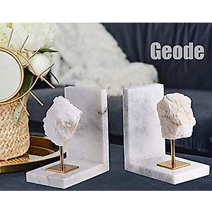 AMOYSTONE Geode Bookends Decorative White Agate Book Ends for Heavy Books Marble Bookends Shelves Decor 1 Pair 5LBS