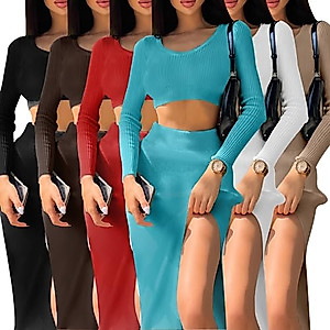 EOJN Women's Sexy 2 Piece Outfits Dress Set Long Sleeve Crop Sweater Top,Ribbed Knitted Midi Bodycon Skirt Set