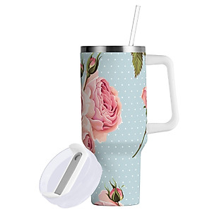 Adornlife Flower Rose 40 oz Tumbler with Handle and Straw Lid, 100% Leak-proof Travel Coffee Mug, Stainless Steel Insulated Cup For Beverages, Cupholder Friendly