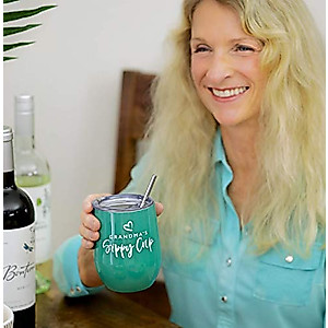 Grandma Gift Insulated Wine Tumbler - 12oz with Steel Straw, BPA Free Lid, and Straw Cleaning Brush - Stainless Steel Stemless Wine Tumbler - Grandma's Sippy Cup - Coffee, Tea, White Wine