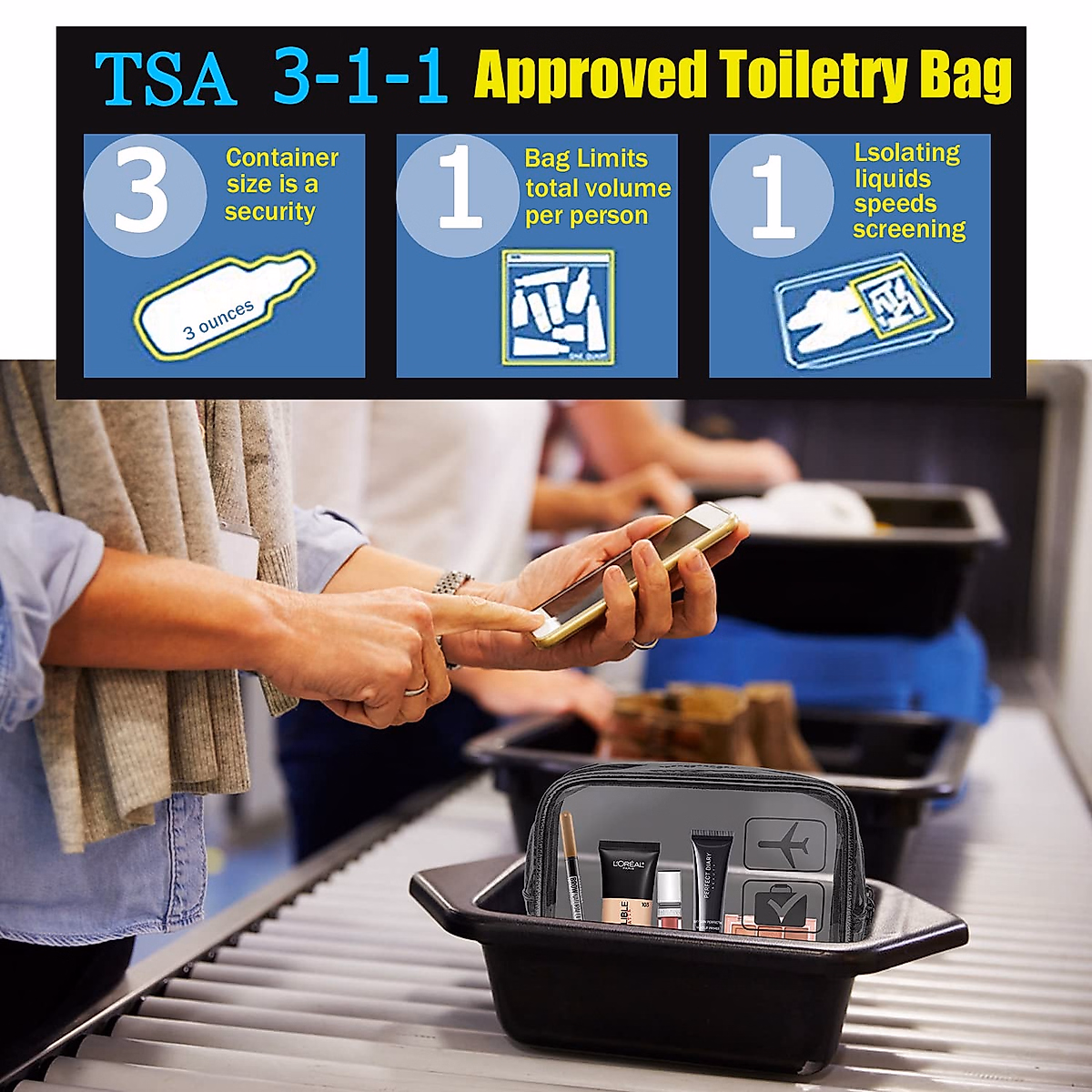 MODENGKONGJIAN TSA Approved Toiletry Bag, 3 Pcs Clear Toiletries Bags Quart Size Travel Makeup Cosmetic Bag for Women Men, Carry on Airport Airline Compliant Bag (Purple)