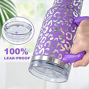 FECBK 40 oz Tumbler with Handle and Straw, 100% Leak-Proof Travel Mug, Stainless Steel Double Wall Vacuum Insulated Coffee Cup Keeps Cold For 34 Hours, Dishwasher Safe, Purple Leopard