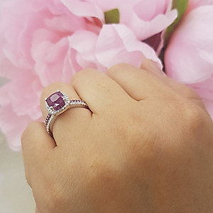 Dazzlingrock Collection Cushion & Round Ruby & Round White Diamond Wedding Ring Set in 18K White Gold, Size 4.5