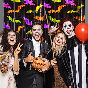 Mega-L Halloween Party Decorations 2 Pack Green Orange Purple Bat Pattern Photo Booth Props, 3.3 X 6.6 ft Halloween Foil Fringe Curtains, Halloween Photo Backdrop Streamers Halloween Party Supplies