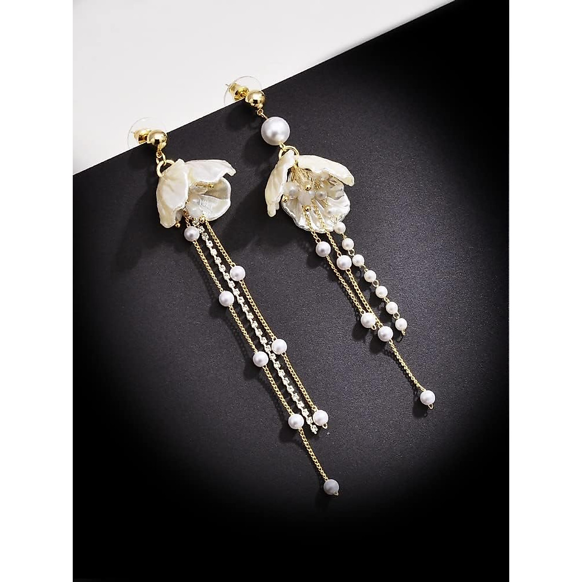 Kruckel Peach Blossom Floral Long Drop Dangling Earrings - Golden Studs with White Pearls, Jewelry for Women,Easy - Wear Fashion Design Accesory Packed with Durable Jewelry Box