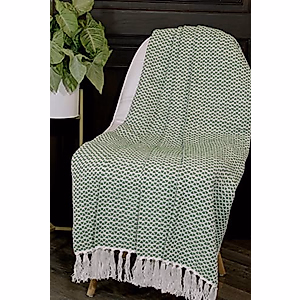 Woven Virtues Modern Hand-Woven Throw Blanket, 50" x 60", Green and White, Light, Luxurious and Soft