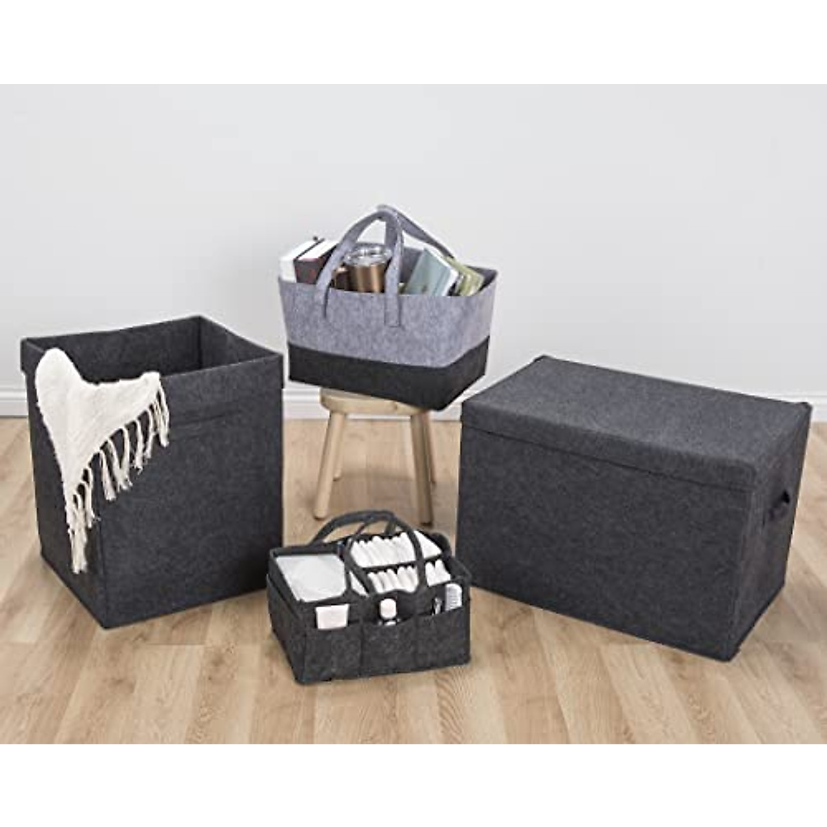 Sammy & Lou Charcoal Felt Toy Box; Collapsible; Two Handles; Hinged Lid; 22 in x 14.5 in x 15 in