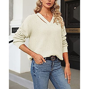 Cicy Bell Women's V Neck Sweaters Hollow Out Long Sleeve Casual Knit Pullover Jumper Tops White