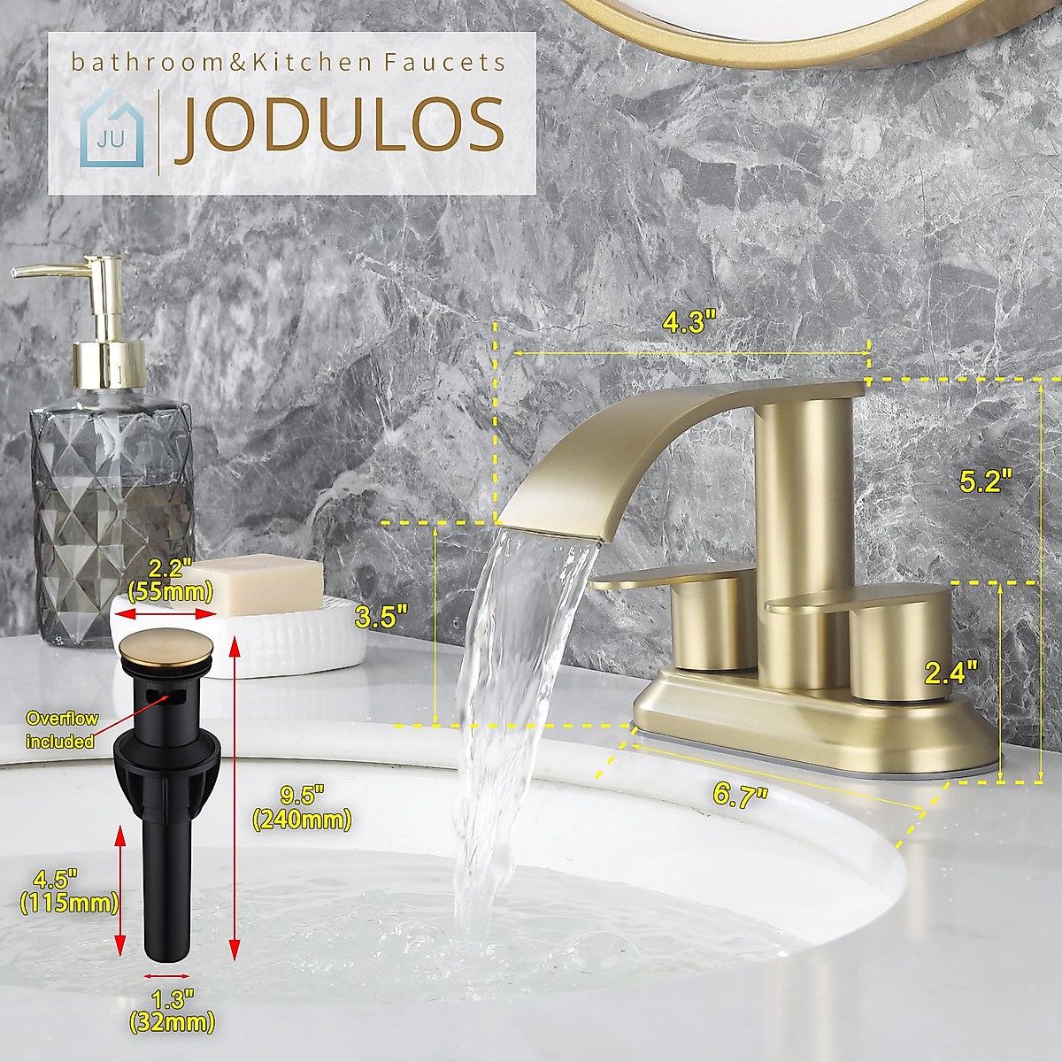 4 inch Centerset Bathroom Faucets Brushed Gold, Stainless Steel Gold Sink Faucet Bathroom with cUPC Supply Lines, Jodulos 2 Handle Waterfall Bathroom Sink Faucet with Pop Up Drain Stopper JU-DE-201-BG