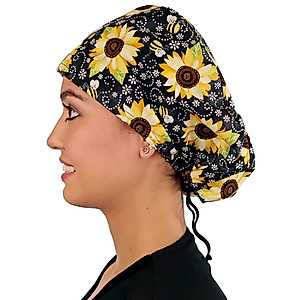 Sparkling EARTH Sunflowers on Black Riley Medical Scrub Caps with Flat Front and Roomy Back - Adjustable Cord Lock Closure - Made in The USA