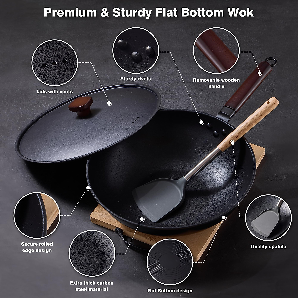 Teewe Carbon Steel Wok -13 Inch Woks & Stir-fry Pans Nonstick, Wok Pan with Lid Spatula and Dish Brush: Pre-Seasoned Flat Bottom Chinese Wok for Induction, Electric, Gas, All Stoves