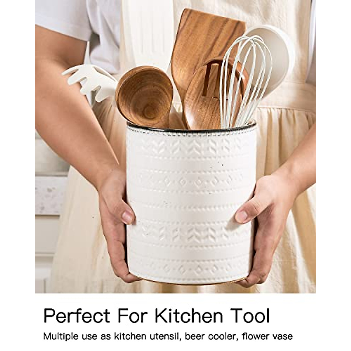 Getstar Large (7.2” x 6.2”) Kitchen Counter, Ceramic Cooking Utensil Holder with Protective & Non-Slip Cork Mat, Farmhouse Kitchen Decor