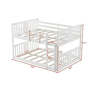 CITYLIGHT Floor Full Over Full Bunk Beds, Wooden Low Full Over Full Bunk Bed for Kids, Toddler Full Bunk Bed for Girls Boys Teens’ Bedroom or Dorm （Full,White）