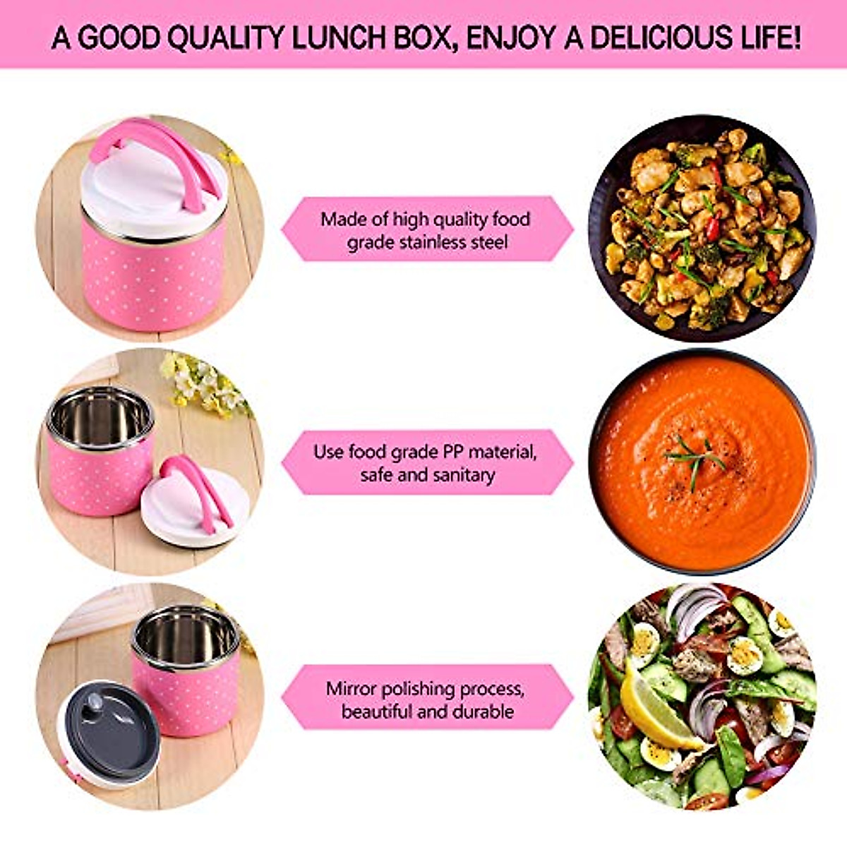 Insulated Lunch Box, 600ml Thermal Thermos Lunch Box Insulation Hot Food Container, Stainless Steel, Storage Lunch, Container, Canteen, Double Walled, Portable Food Bowl (Pink)