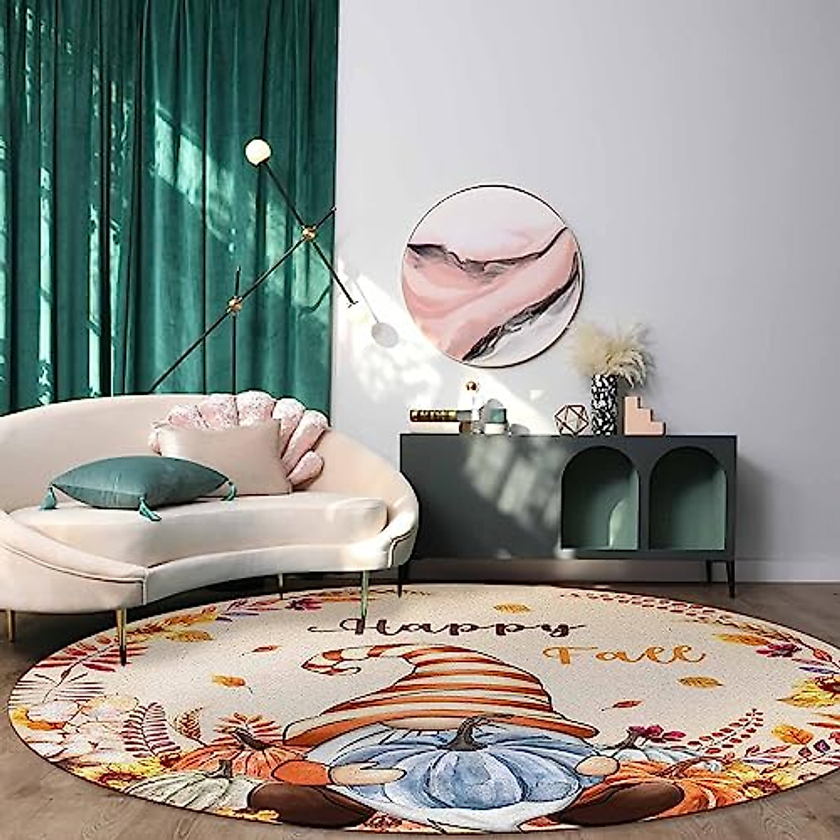 Large Round Area Rug for Living Room Bedroom, 3ft Non-Slip Rugs for Kids Room, Happy Fall Thanksgiving Gnome Pumpkin Floral Wreath Washable Carpet Floor Mat for Home Nursery Room Decor