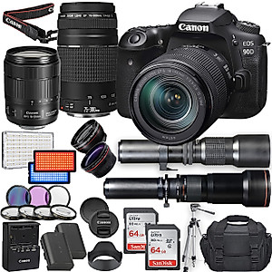 Canon EOS 90D DSLR Camera with EF-S 18-135mm f/3.5-5.6 IS USM + EF 75-300mm f/4-5.6 III + 500mm f/8 Focus + 650-1300mm f/8 Zoom Lenses + 2 Pc 64GB Memory Cards + Tripod + Case + LED Video Light & More
