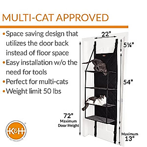 K&H PET PRODUCTS Hangin’ Cat Tree - Door Mounted Cat Climber Cat Wall Perch Furniture Cat Hammock Bed Cat Perch for Indoor Cats, Hanging Cat Bed, Elevated Cat Bed - 4 Story Gray 12 X 22 X 65 Inches