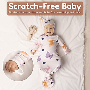 Newborn Baby Knotted Gown for Girls, Newborn Hospital Outfit with Mitten Cuffs, Super Soft Silky Infant Long Sleeve Gown with Tie Bottom