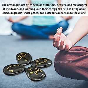 Archangel Stones Set of 4 - Michael, Gabriel, Raphael, Uriel Signature Symbol for Talisman Protection - Black Agate Healing Crystals and Healing Stones