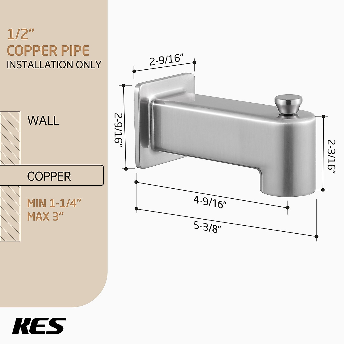 All Metal Construction (Inside and Out) Bath Tub Faucet Replacement, KES 5-3/8 Inch Bathtub Spout with Diverter, Shower Slip-on Tub Faucet Fits 1/2 Inch Copper Pipe, Brushed Nickel, PTSN300-BN