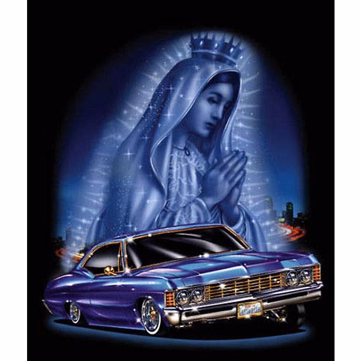 Hotstuff Virgin City Mary Lady of Guadalupe Blessing Poster Print Lowrider Car Urban City Choose Size (16"x20")