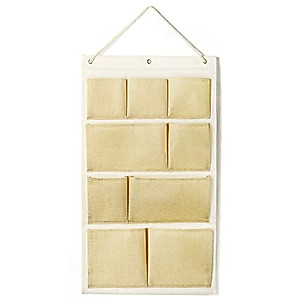 Over Door 4-Shelf Hanging Storage Bags Wall Mount Closet Organizer, 9 Pockets Linen Cotton Fabric Multi Functional Living Room Bedroom Bathroom File Magazine Waterproof Free Hooks Yellow