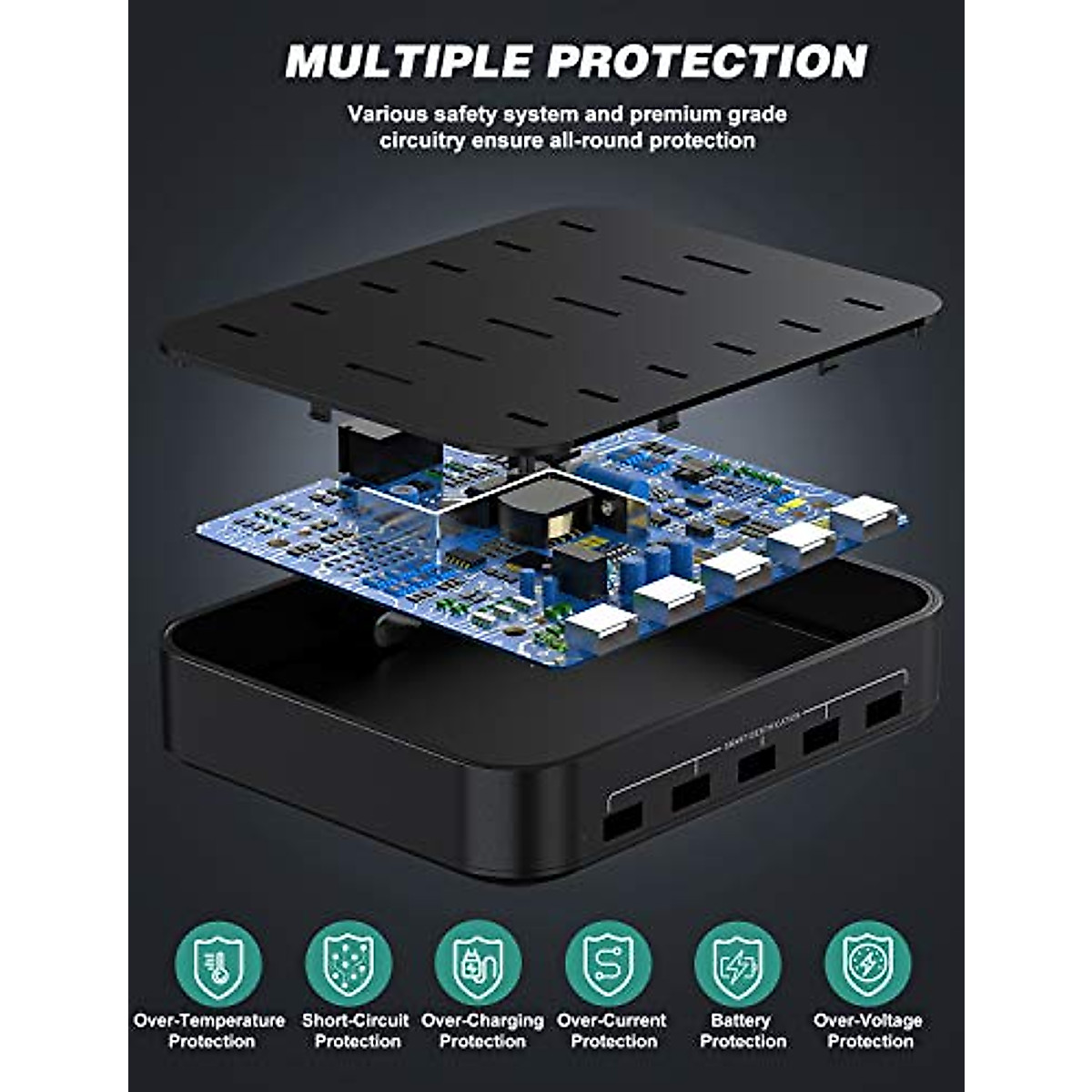 Charging Station for Multiple Devices, 5 in 1 Multi USB Charger Station with iWatch & Airpod Stand and 8 Mixed Short Cables, 50W Charging Dock Compatible with iPhone, iPad, Cell Phone, Tablets