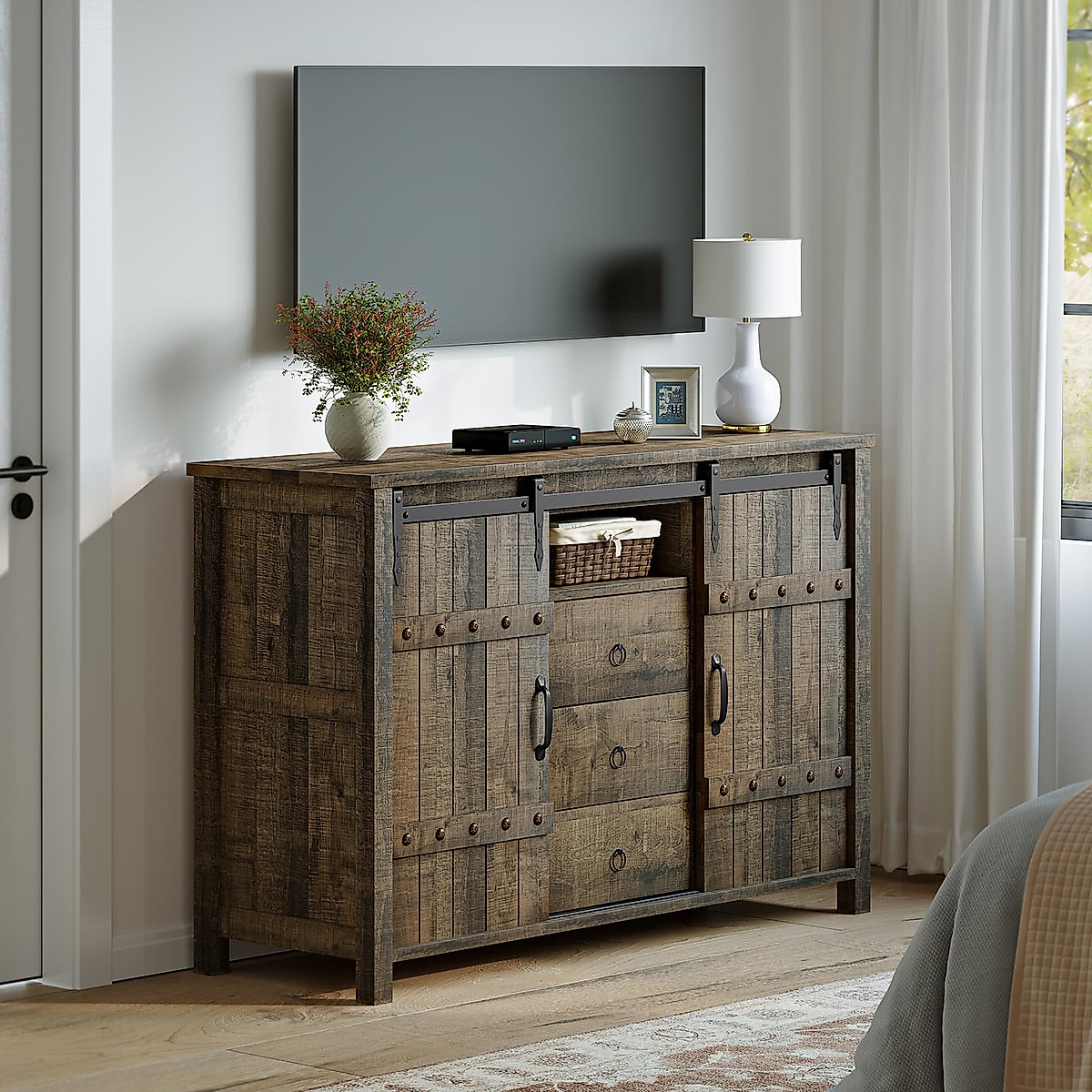 REAHOME Buffet Cabinet with Storage, 48" Sideboard Buffet Cabinet with Sliding Barn Doors & 3 Drawers, Farmhouse Wood Coffee Bar Cabinet Buffet Table for Kitchen, Dining Room, Rustic Brown