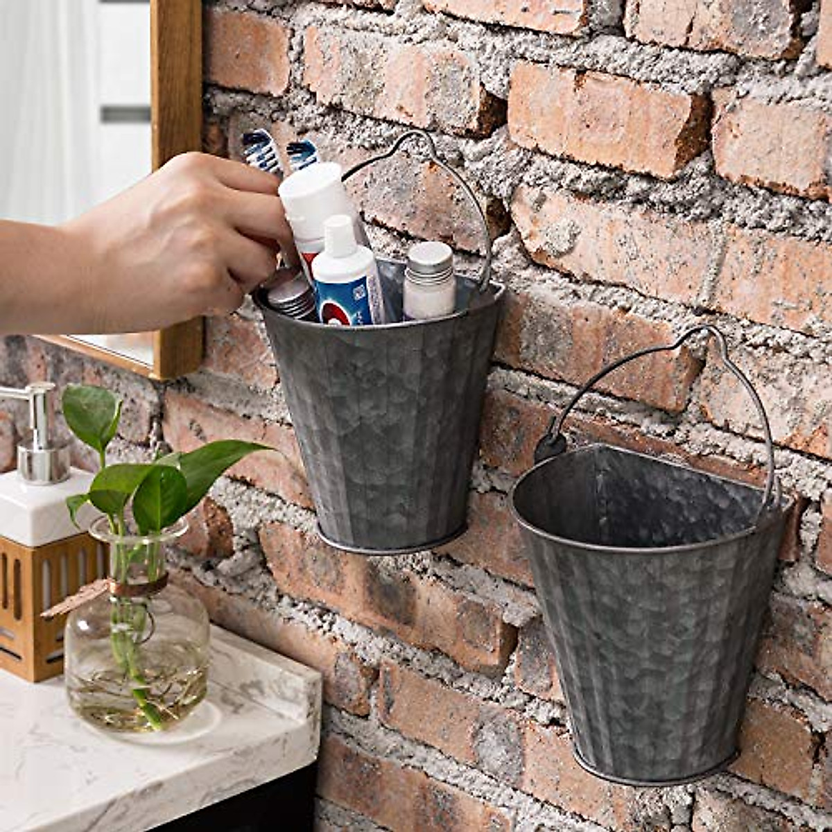 MyGift Wall Mounted Rustic Galvanized Metal Bathroom Toothbrush Holder Toothpaste Holder Bins, Mini Decorative Toiletries and Accessories Storage Buckets, Set of 2