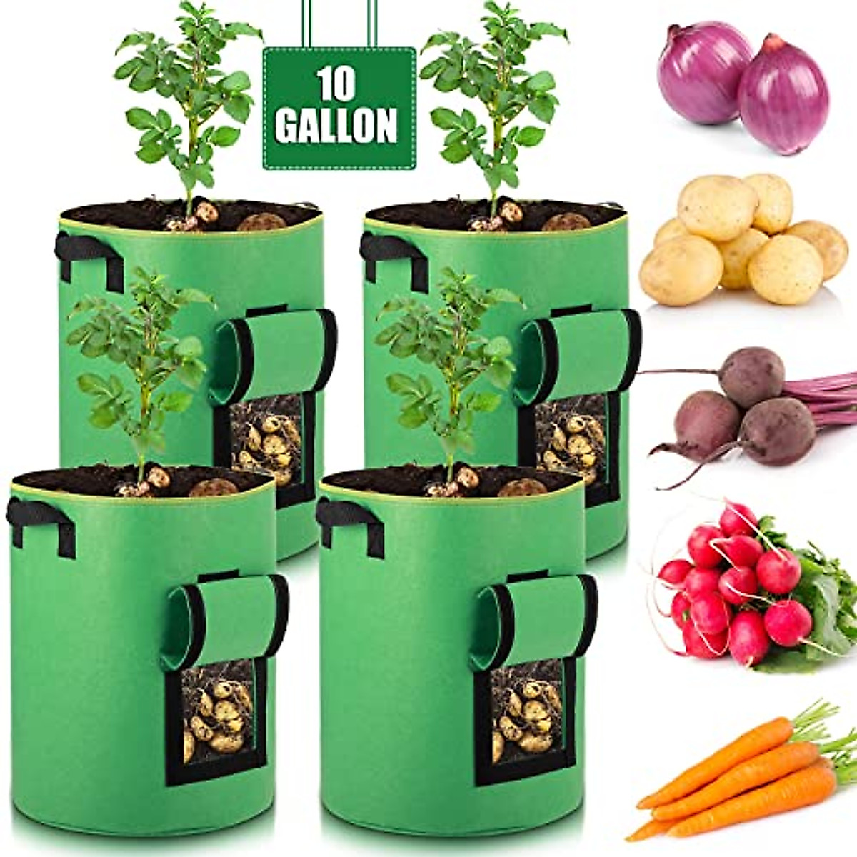 4 Pack 10 Gallon Potato Grow Bags Garden Planting Bag with Window Felt Potatoes Growing Containers with Handles for Vegetables Tomato Carrot Onion Fruits Plants Planting
