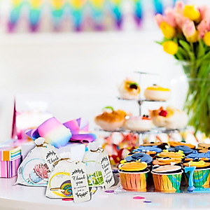 Deekin 147 Pcs Candyland Party Favors Set Include 24 Lollipops Keychains 24 Candyland Silicone Wristbands 50 Candy Stickers 24 Thank You Tags and White Organza Bags Candyland Party Favors