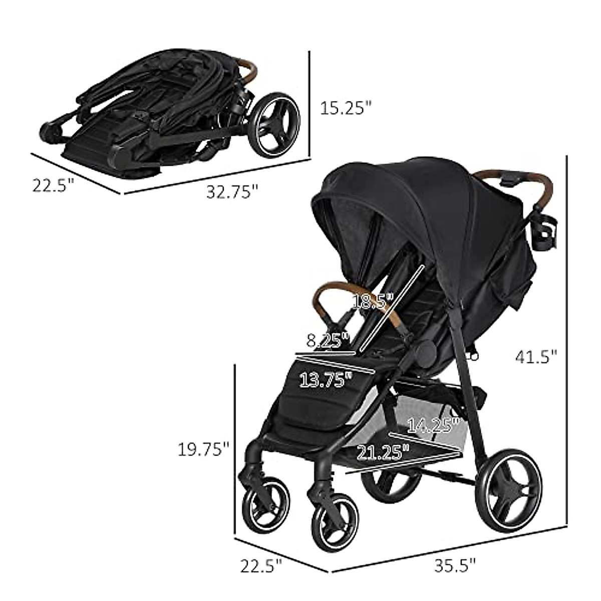 Qaba Lightweight Baby Stroller with One-Click Fold, Toddler Travel Stroller with Adjustable Backrest Footrest, Compact Stroller with All Wheel Suspension, Sun Canopy, Black