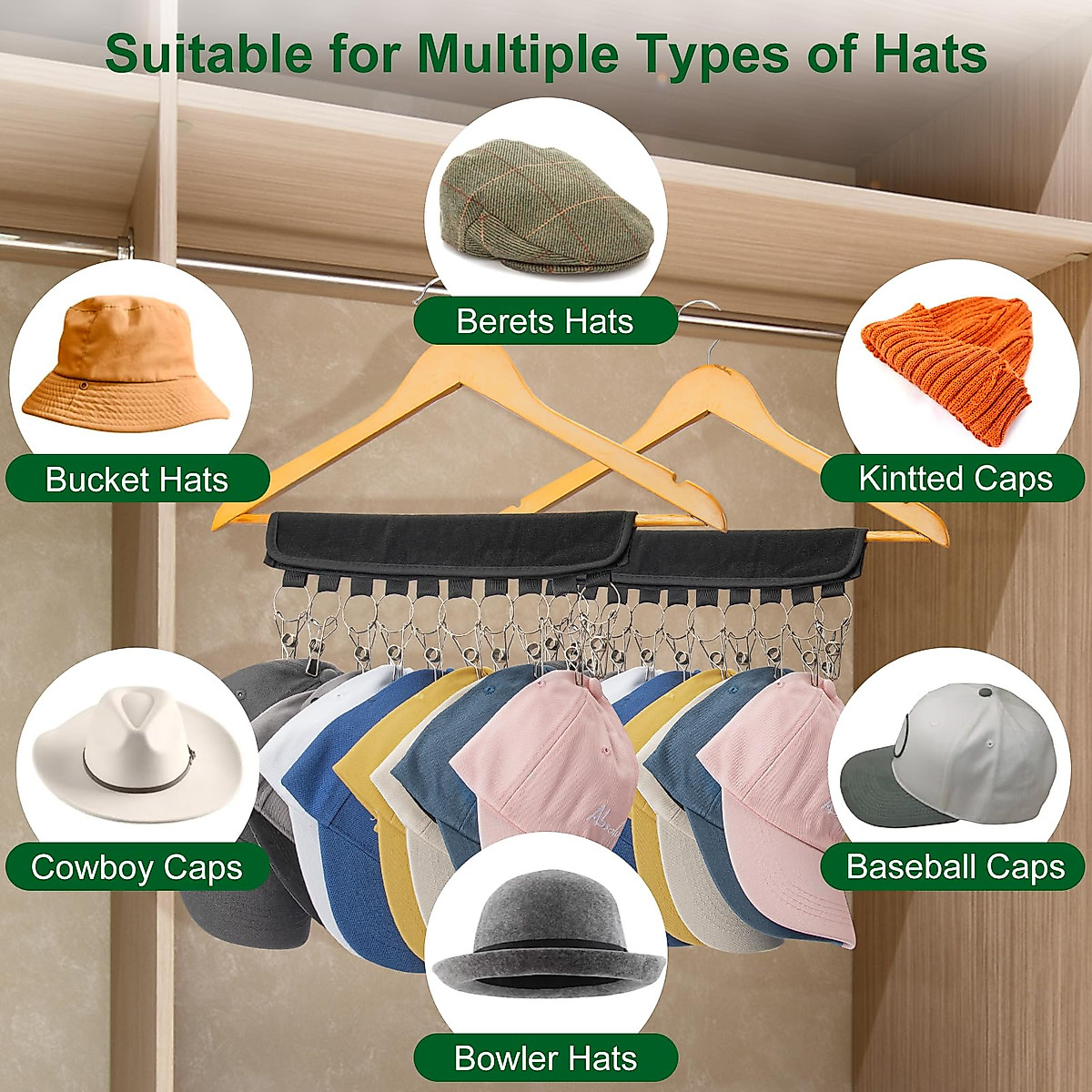 2PCS ksricfy Hat Rack for Baseball Caps, Hat Organizer for Closet, Hat Hanger Space Saving 85% with 10 Clips, Collapsible Hat Holder Fit All Caps for Men Wome