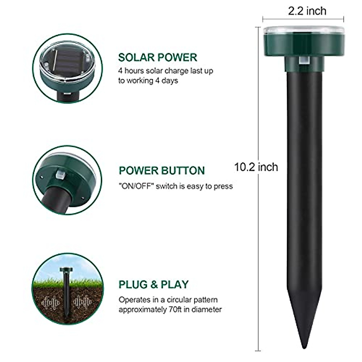 Mole Repellent Solar Powered Gopher Repellent Ultrasonic Solar Powered Sonic Mole Deterrent Stakes, Snake Groundhog Repellent for Yard, Garden, Lawn (4 Pack)