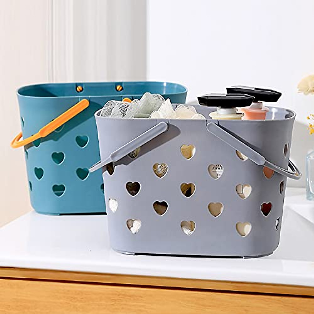 Portable Plastic Shower Caddy Baskets, Standing Storage Organizer Bins, Shower Caddy Tote Bag with Handles, Hollow Cleaning Caddy with Holes for Bathroom, College Dorm, Kitchen, Home - Heart Green