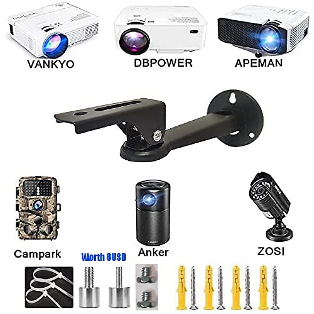 2-Be-Best Mini Projector Wall Mount Angle Adjustable Projector Mount Length 7.87 in / 20 cm Thread 1/4" M4 M6 Rotation 360° as Projectors CCTV DVR Cameras Camcorder Mount for Office School Home Black