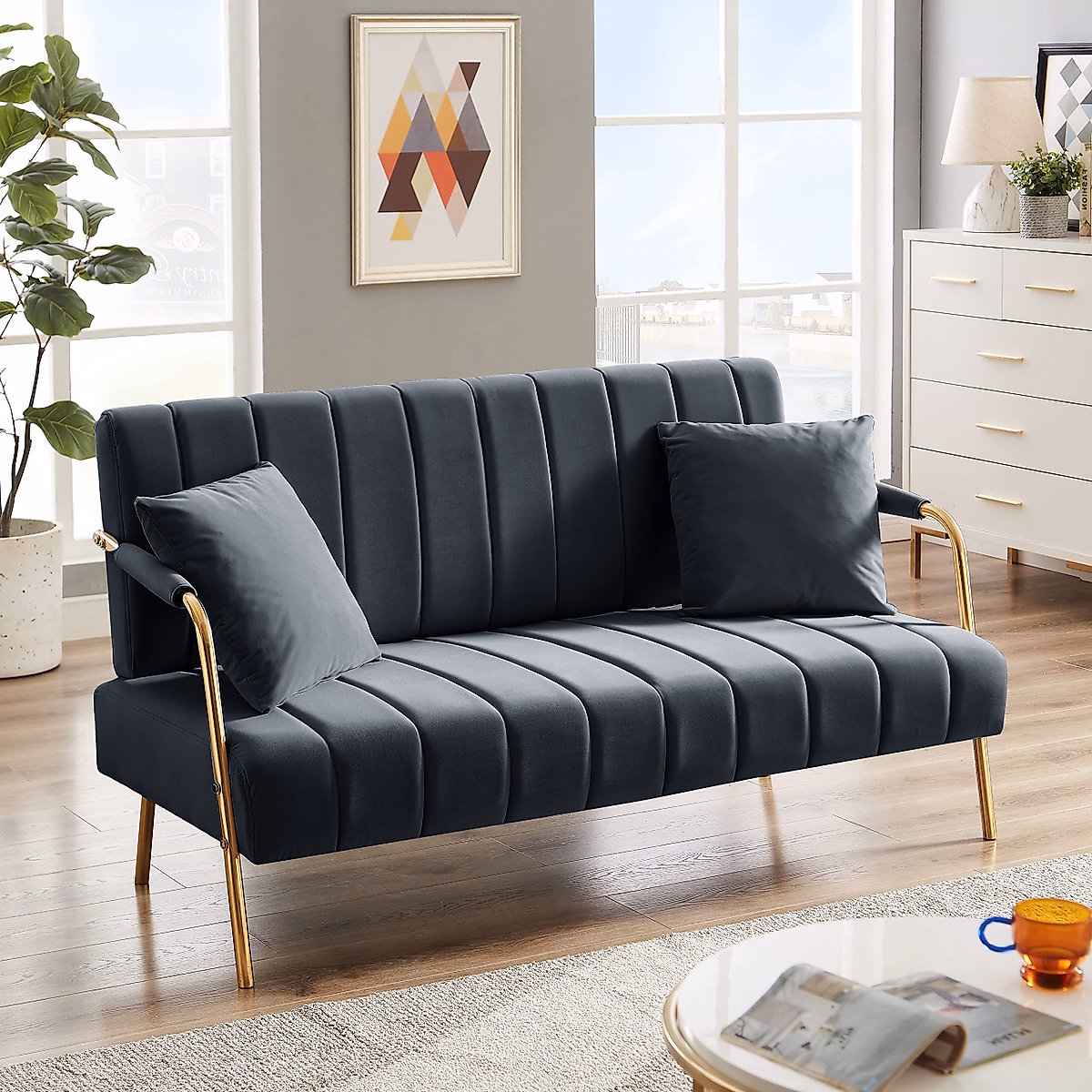 Majnesvon 61" Modern Velvet Loveseat Sofa,Upholstery Love Seat Couches with Tufted Backrest,Golden Metal Legs,Accent Sofa for Living Room Bedroom Apartment Office (Drak Grey)
