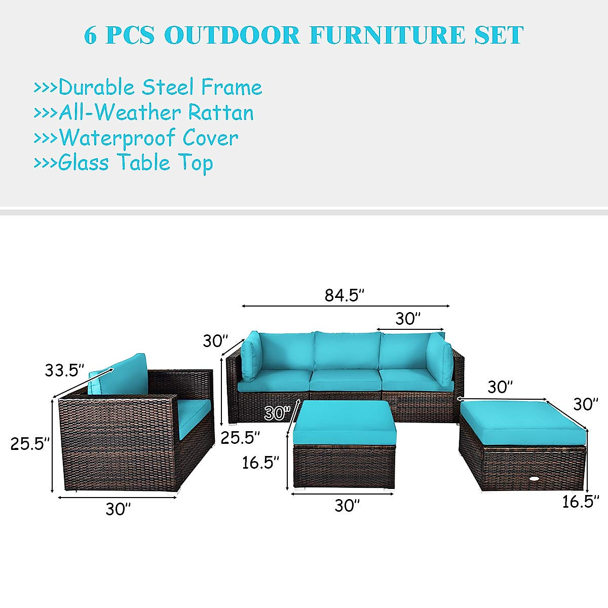Tangkula 6 Pieces Patio Rattan Sectional Furniture Set, Outdoor Wicker Conversation Set with Glass Coffee Table Sofa Ottoman, Wicker Sofa Set with Back & Seat Cushion for Backyard Garden (Turquoise)
