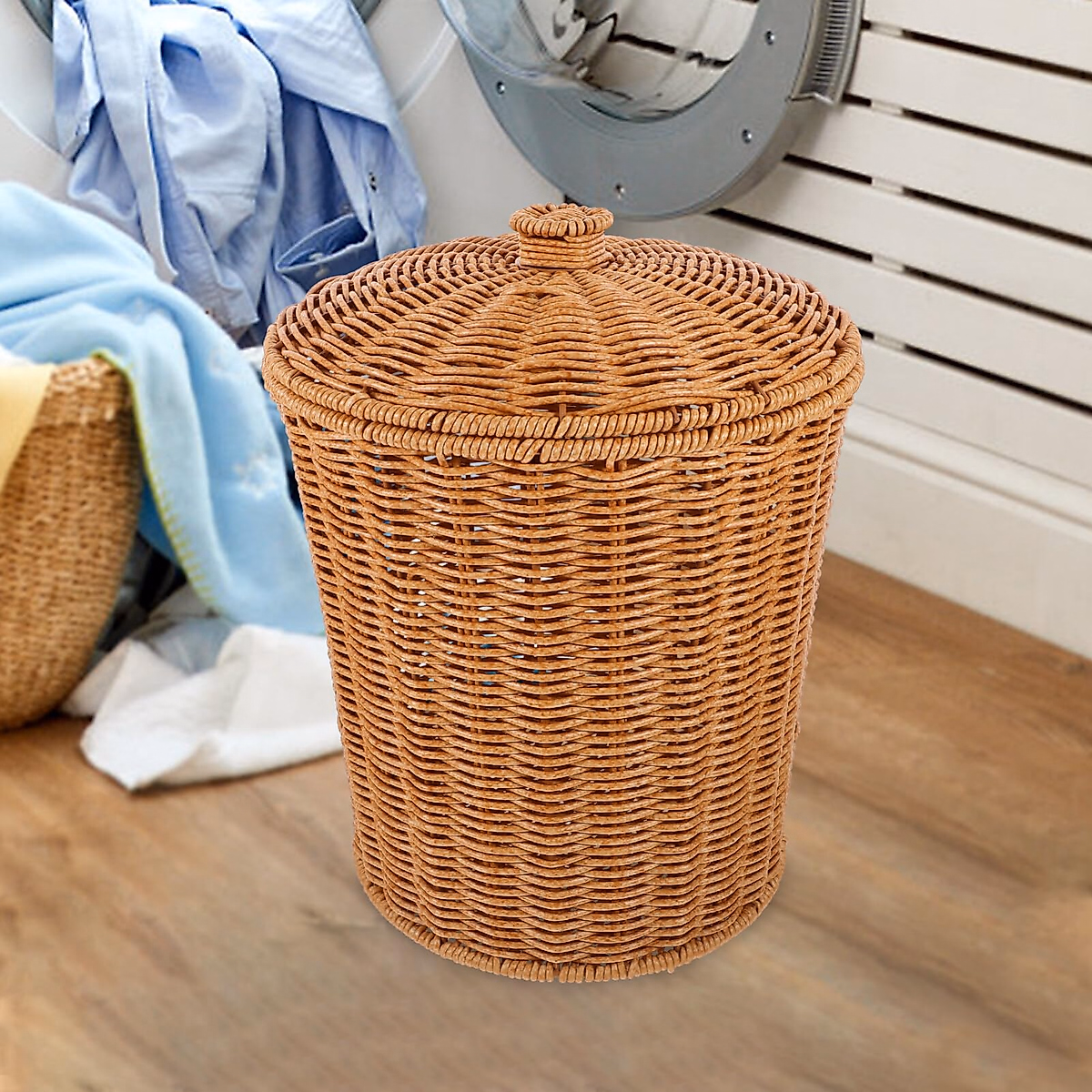 ABOOFAN Wicker Trash Can with Lid Bedroom Bathroom Trash Can Boho Woven Wicker Waste Basket Office Garbage Cans Rattan Storage Basket for Under Desk Dirty Clothes Container Flower Arrangement