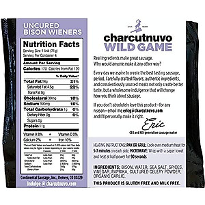 CharcutNuvo: Wild Game Bison Wieners - 10oz, 5 Pack - Fully Cooked and Smoked, Uncured Sausage Links - Paleo and Grass-Fed - No Antibiotics, Hormones, Gluten, Dairy or Sugar - No Nitrites or Nitrates