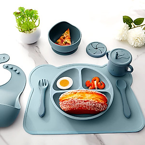 8 Pack Baby Feeding Eating Supplies Silicone Suction Divided Plate Baby Bibs Suction Bowl Silicone Placemat Silicone Spoon and Fork Silicone Cup with Straw Baby Tableware Set for Toddler (Dusty Blue)