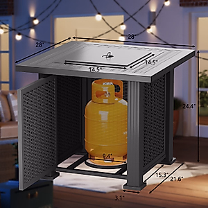 Greesum 28 Inch Outdoor Gas Fire Pit Table, 50,000 BTU Steel Propane Firepit with Lid and Lava Rock, Imitation Rattan Weave Texture, Add Warmth and Ambience to Parties On Patio Garden Backyard, Black