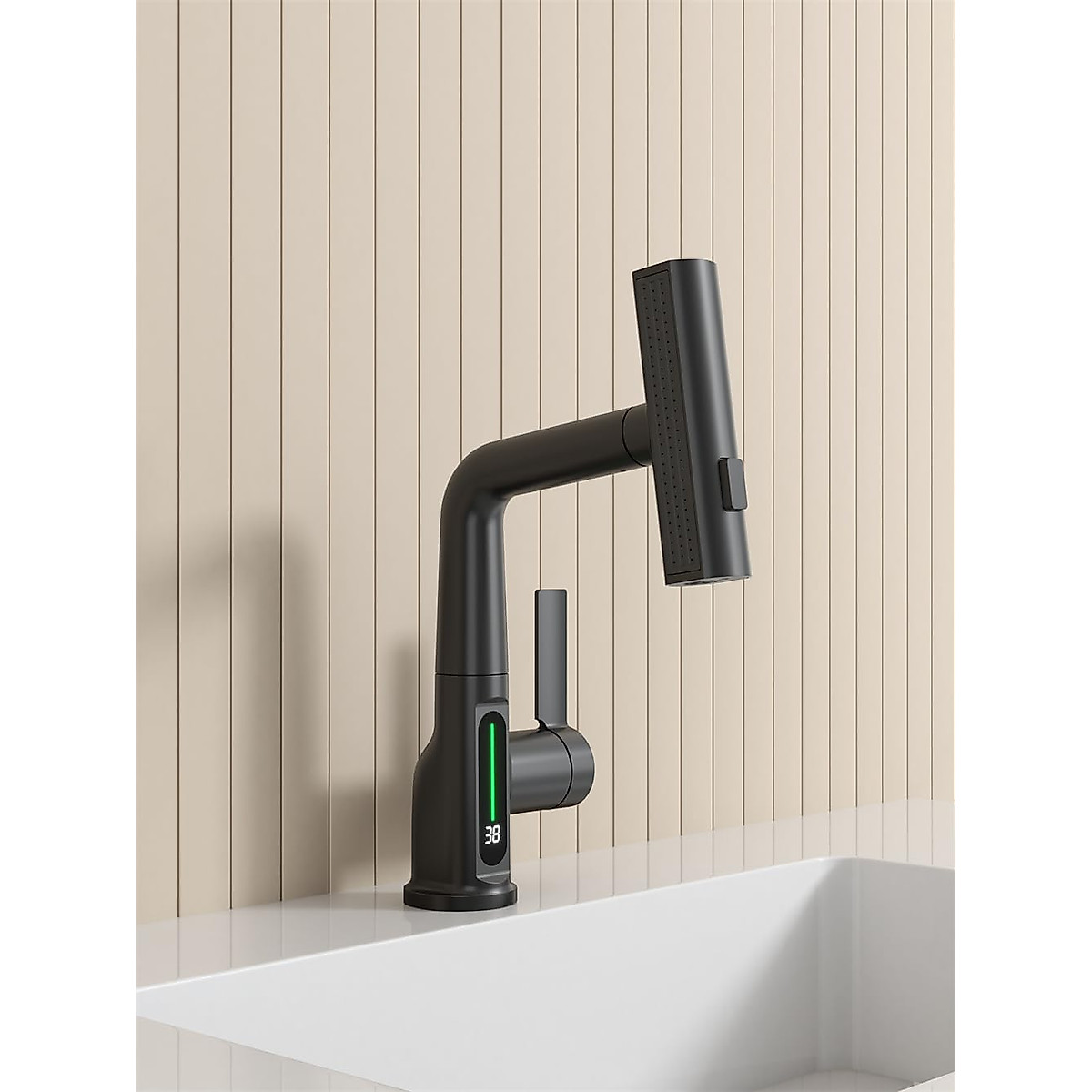 Weirun Bathroom Single Handle Basin Sink Pull Out Faucet with Rainfall Spray Head Temperature Digital Display Vanity Mixer Tap Matte Black