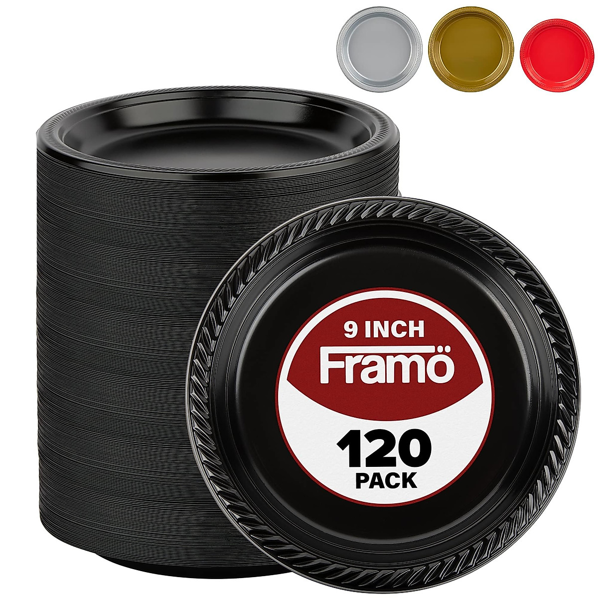 FRAMO Disposable Black Plastic Plates, Pack of 120-9-Inch Round Plastic Plates Special Events, Party, Dinner, Picnic, or Travel - Bulk Pack Party Supplies