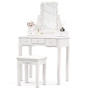 GinguoHome Vanity Set with Lighted Mirror,Makeup Vanity w/10 LED Dimmable Bulbs,Dressing Table with Cushioned Stool&5 Drawers,3 Removable Dividers for Bedroom Vanity Desk White