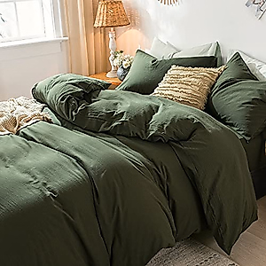 MooMee Bedding Duvet Cover Set 100% Washed Cotton Linen Like Textured Breathable Durable Soft Comfy (Olive Green, Queen)