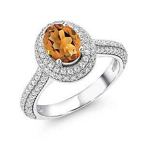 Gem Stone King 925 Sterling Silver 8X6MM Oval Gemstone Birthstone and White Moissanite Halo Engagement Ring | Wedding Anniversary Promise Ring For Women | Size 5,6,7,8,9