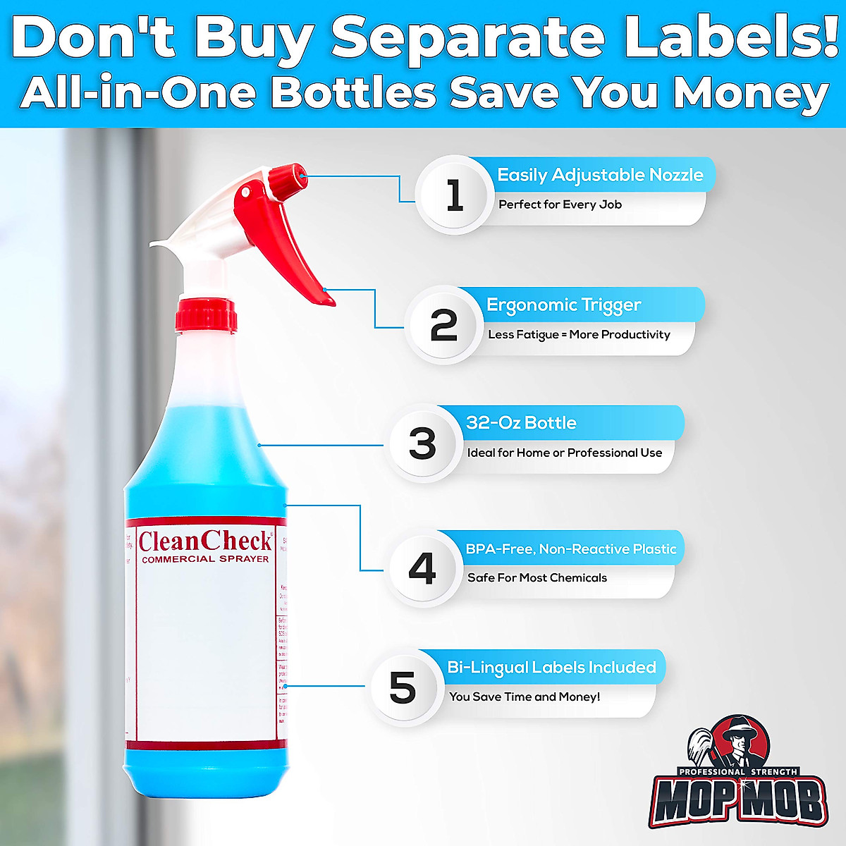 Extra Safe, Bilingual MSDS Spray Bottles 3 Pack. Large, Empty 32 Oz Bottle Perfect for Professional Cleaning Solutions, Sanitizers or Household Cleaners. Best Heavy Duty Plastic Bottle With Data Sheet